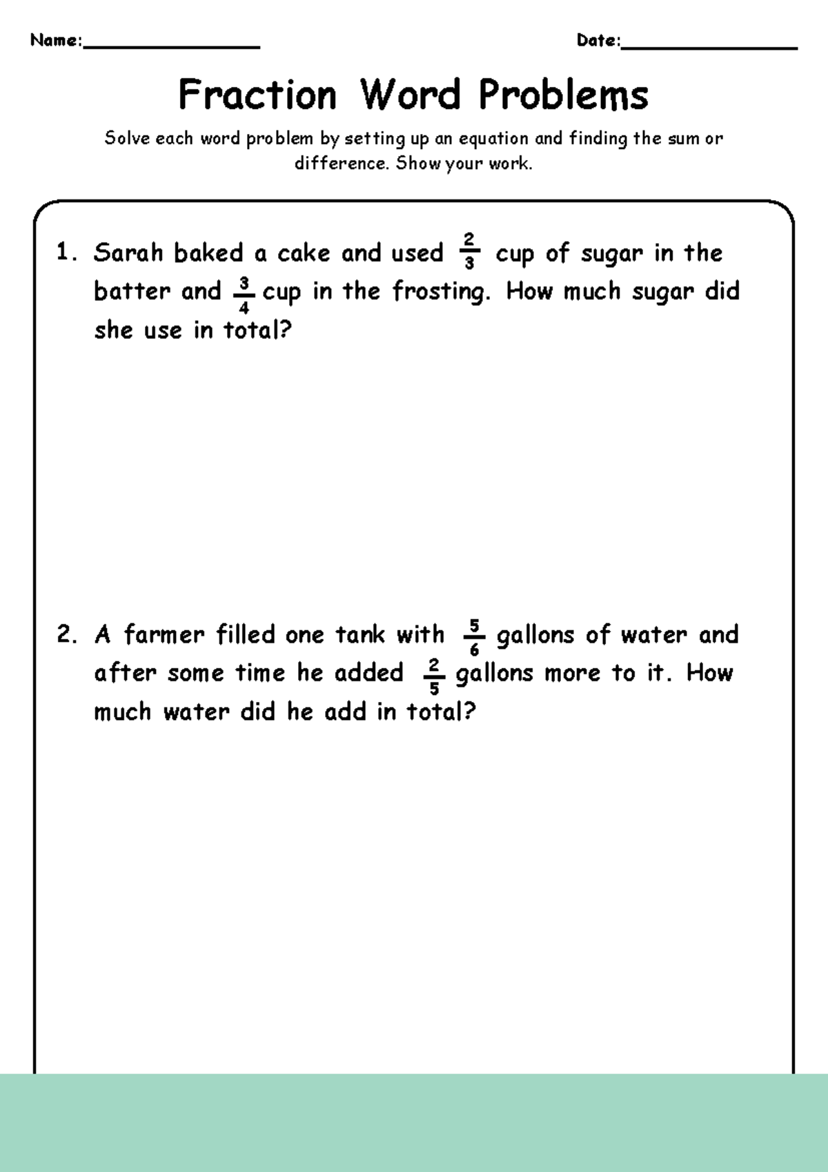 Fraction Word Problems - 5th Grade Worksheet - Name: Date: Fraction ...