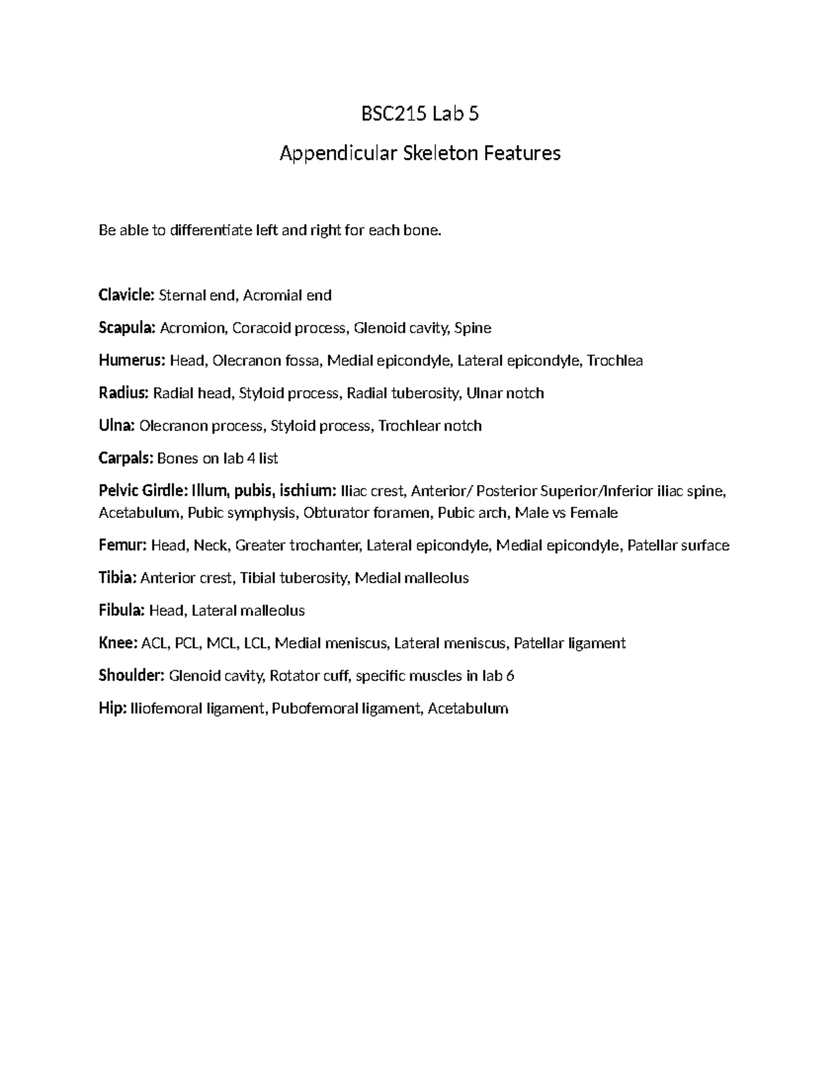 BSC215 Lab 5: Appendicular Skeleton Features and Bone Identification ...
