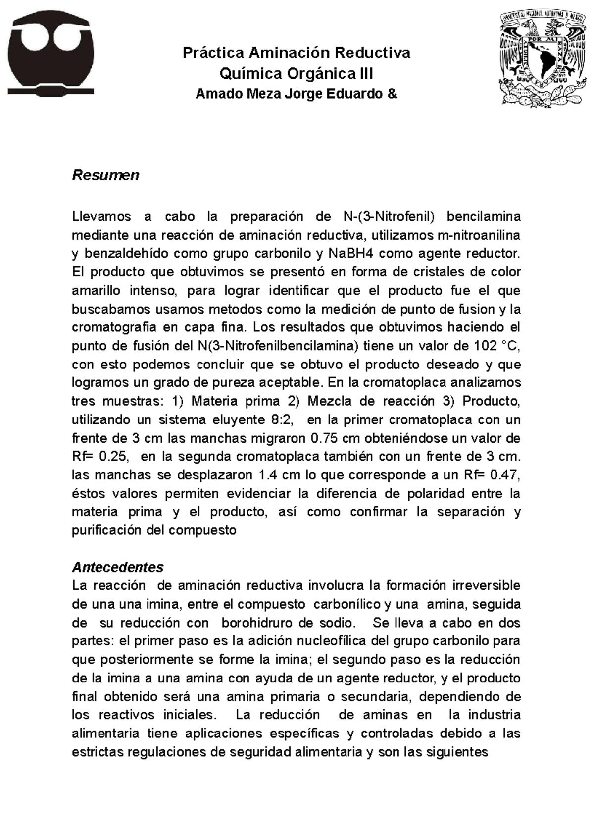 Práctica de Aminación Reductiva en Química Orgánica - Resumen - Studocu