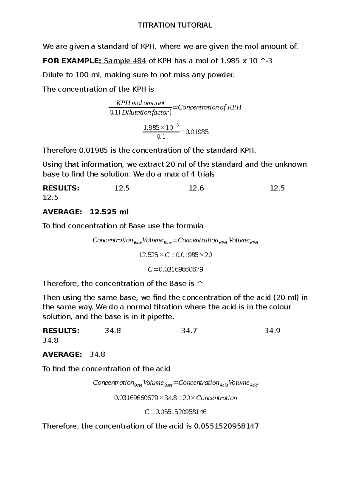 Titration Tutorial: Calculating Concentrations of KPH and Acid/Base ...