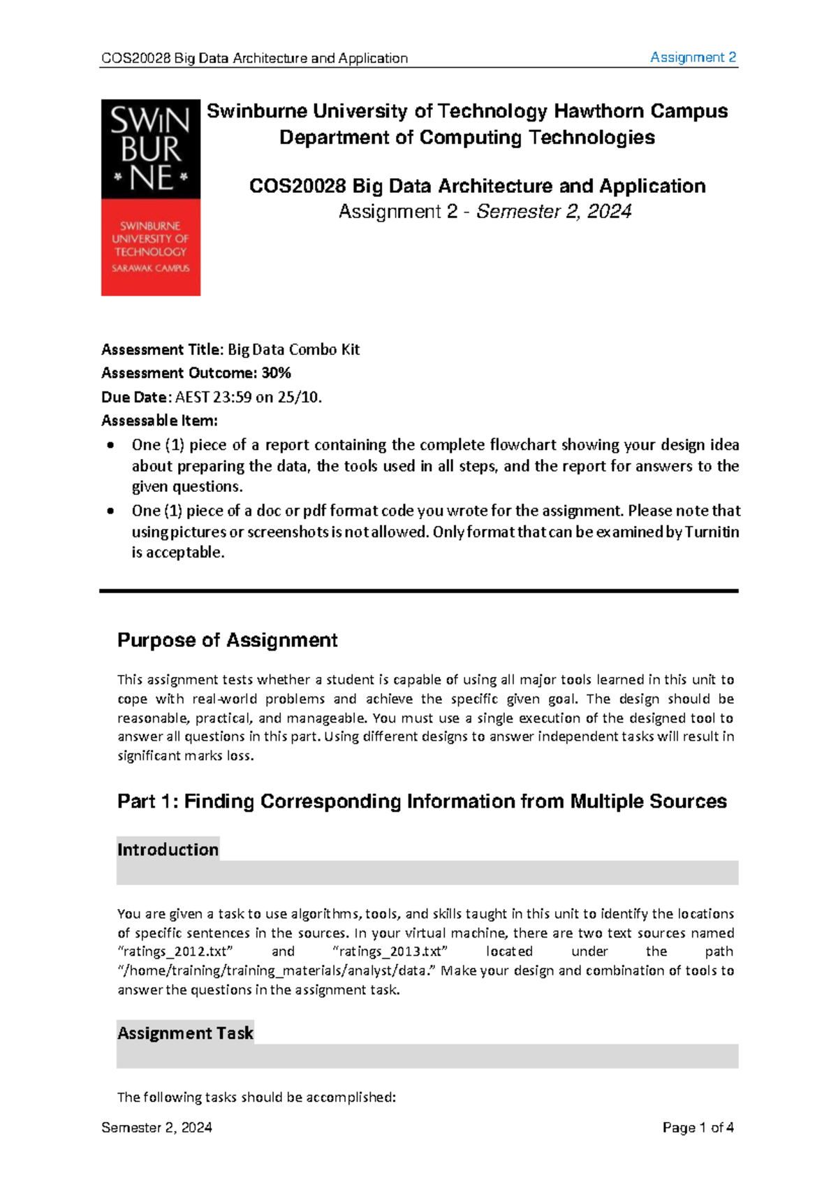 COS20028 Big Data Architecture Assignment 2: Data Processing & Tools - Studocu