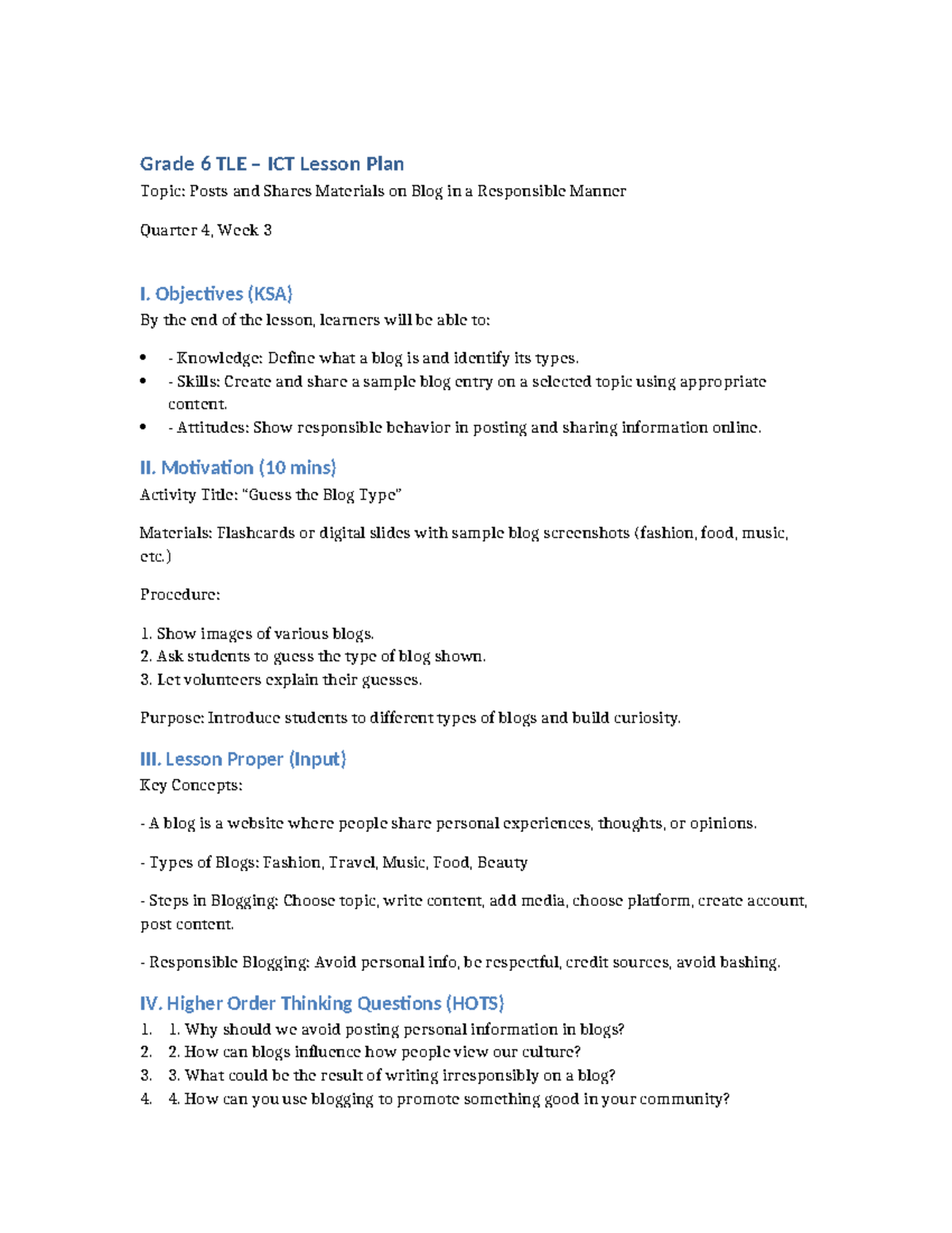 TLE G6 ICT Lesson Plan: Responsible Blogging (Quarter 4, Week 3) - Studocu