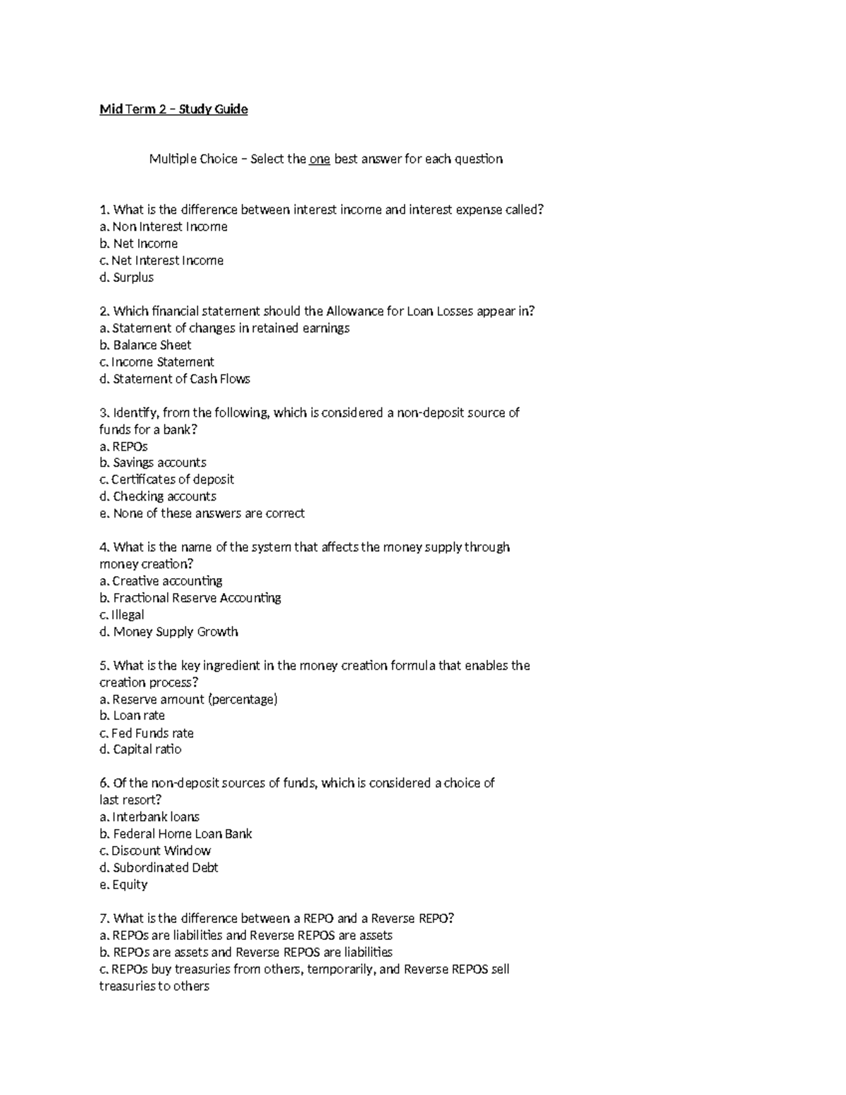 Mid Term 2 Study Guide: Key Concepts and Multiple Choice Questions ...