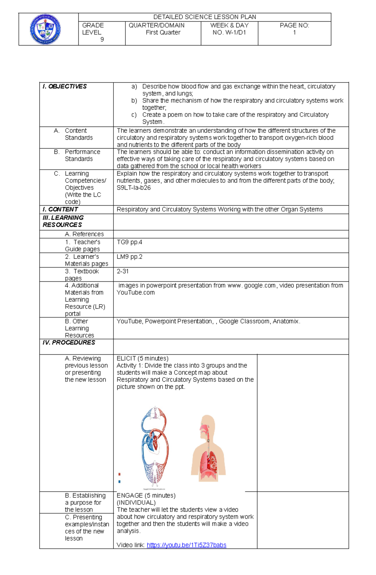 7ES First Quarter Detailed Lesson Plan on Circulatory & Respiratory ...