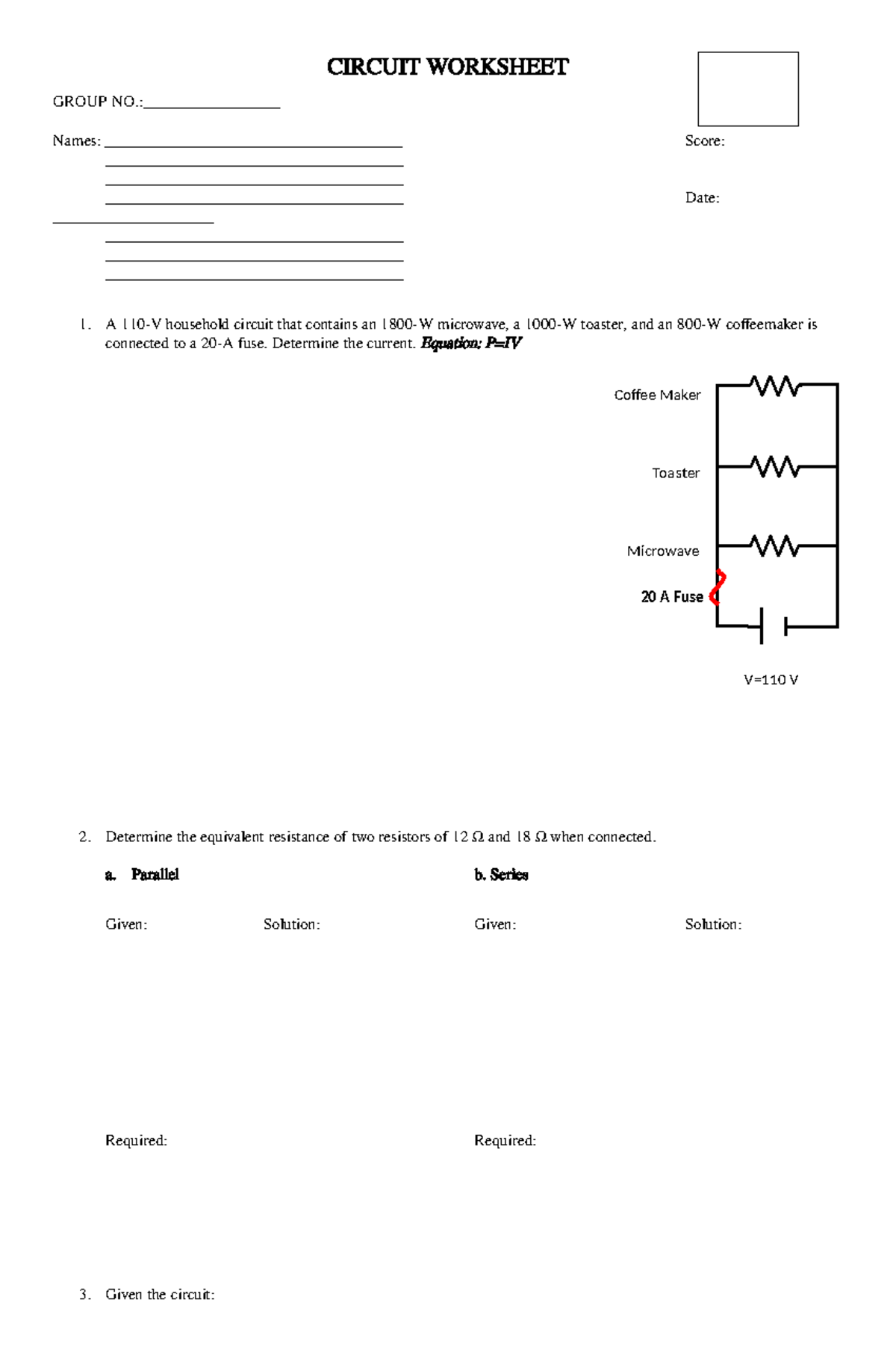 Circuit Worksheet - PHYSICS - Coffee Maker Toaster Microwave 20 A Fuse ...