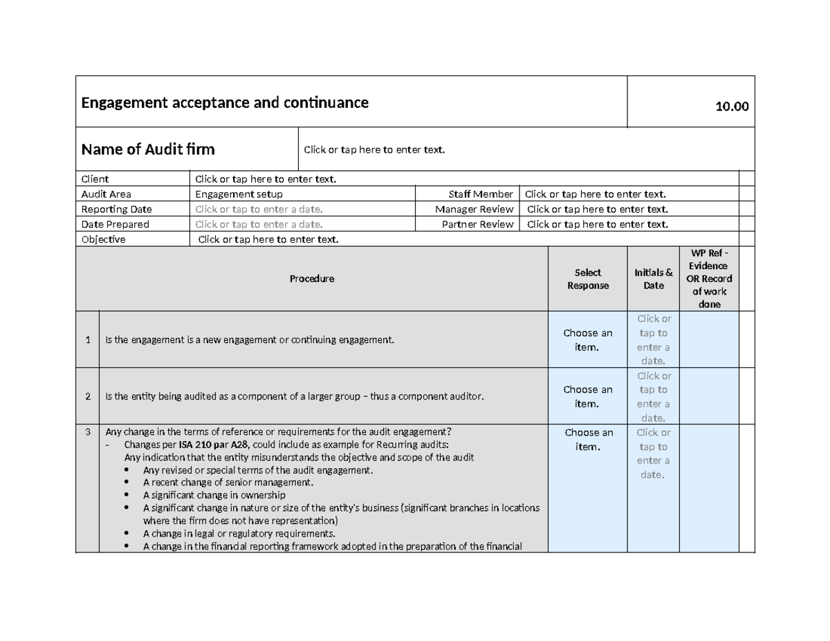 Audit Engagement Acceptance & Compliance Checklist (AUD 101) - Studocu