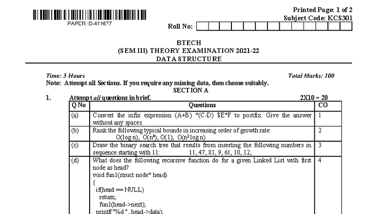 BTech CS 3 Sem Data Structure KCS301 Theory Exam Guide 2022 - Studocu
