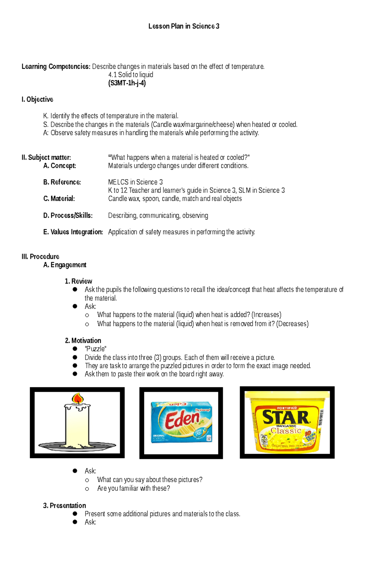 Science 3 Lesson Plan: Effects of Temperature on Materials - Studocu