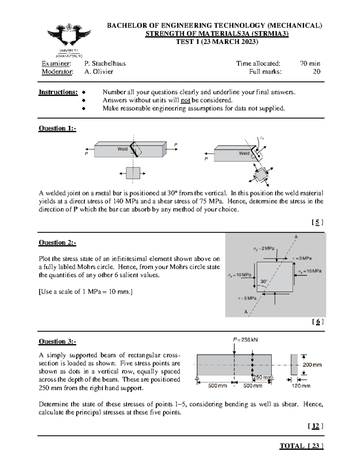 Strength of Materials 3A STRMIA3 Test 1 Memo - March 2023 - Studocu