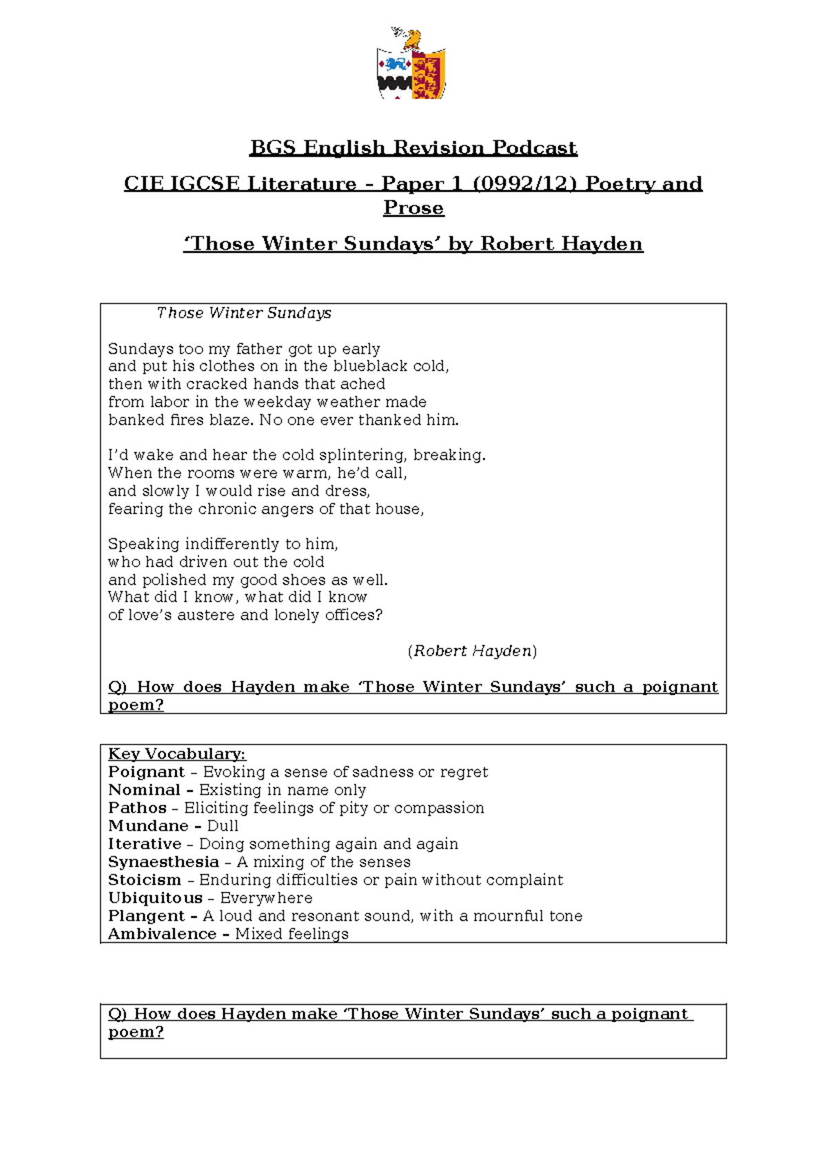BGS IGCSE Literature Paper 1: Analysis of "Those Winter Sundays" - Studocu