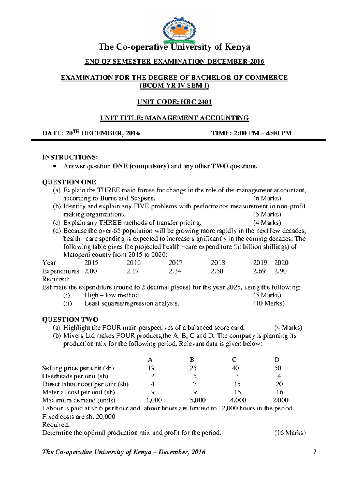 HBC 2401 Management Accounting End of Semester Exam 2016 - Studocu