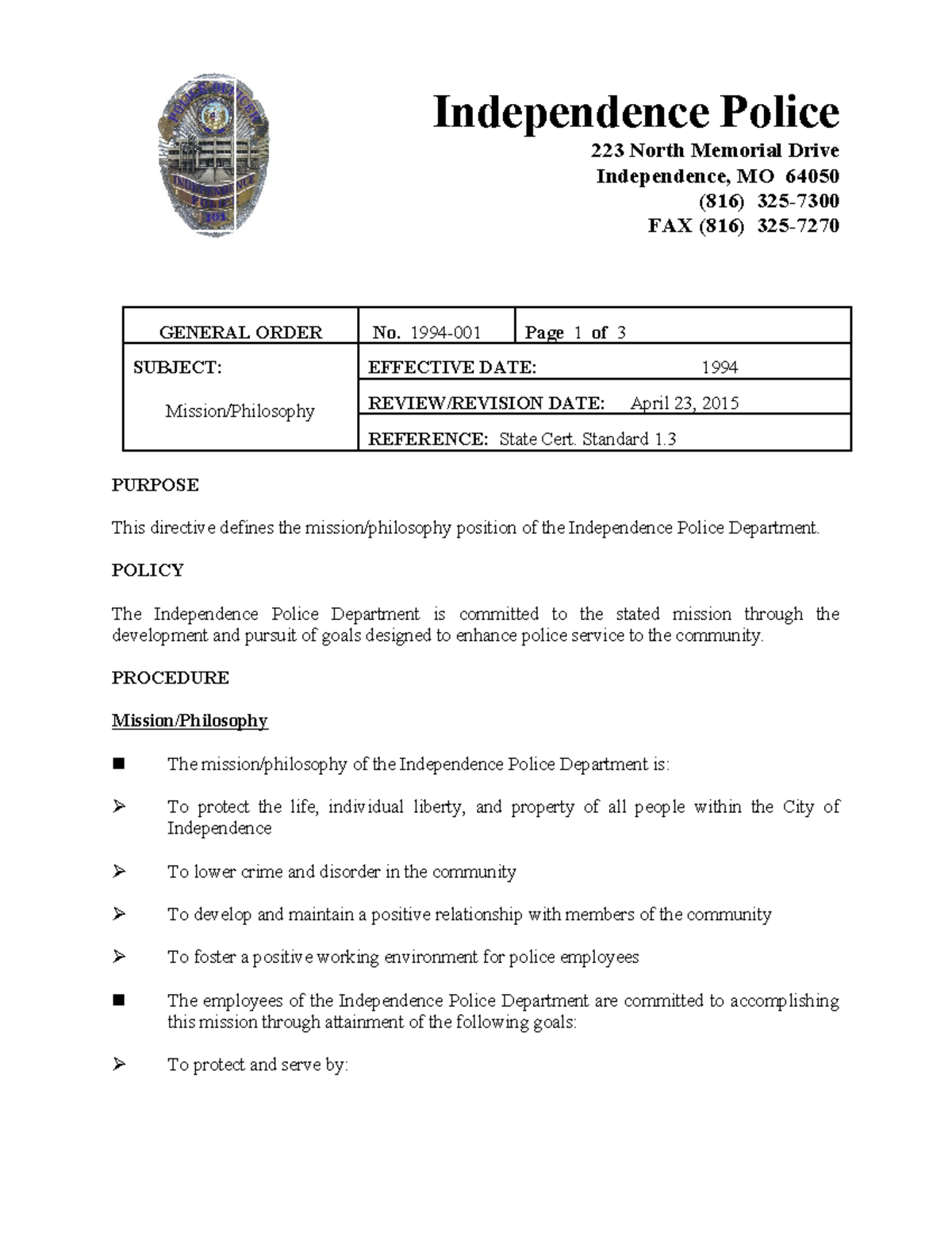 Independence Police Department General Order No. 1994-001: Mission ...