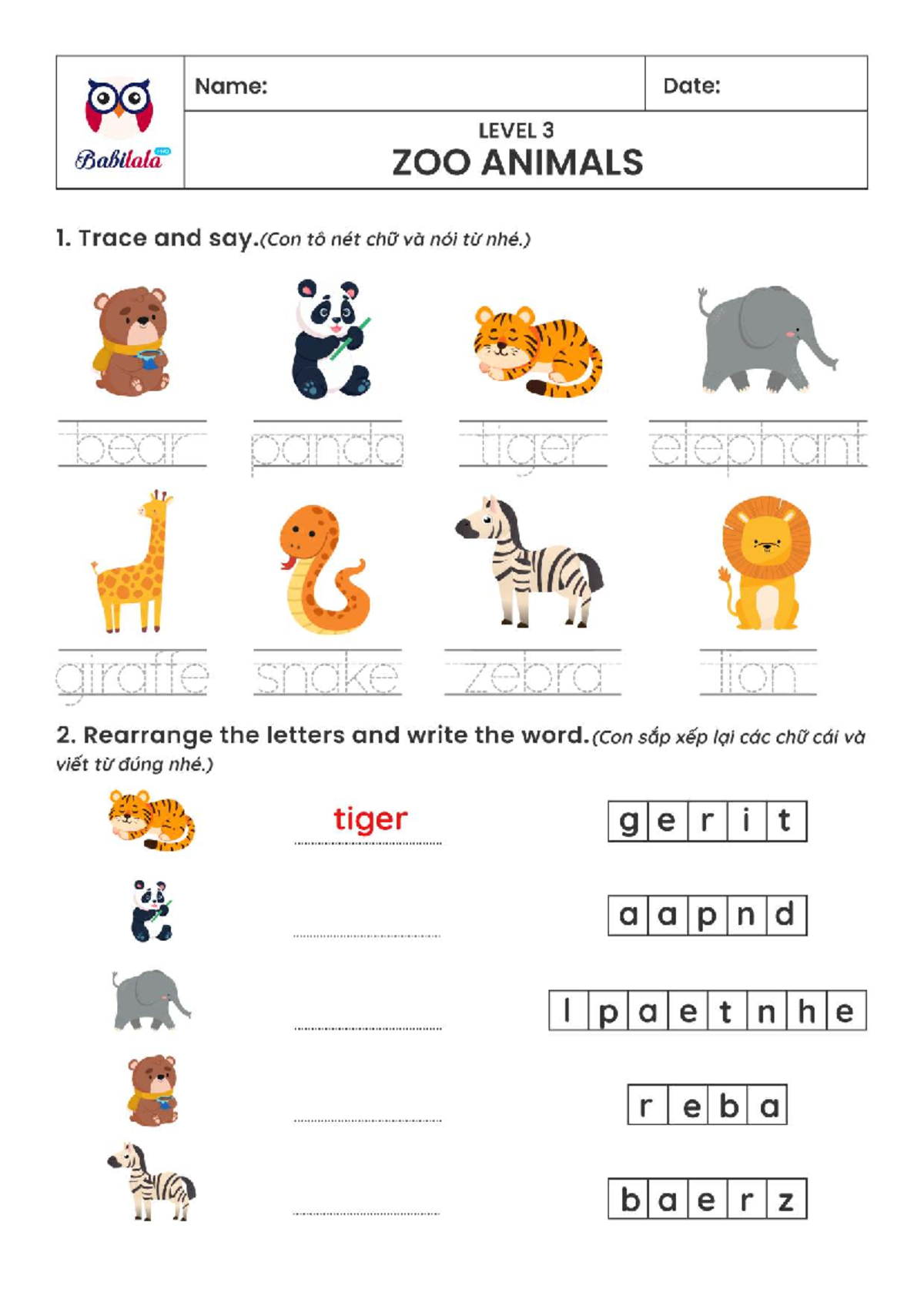 LEVEL 3 PRO: Zoo Animals Activity and Word Games - Studocu