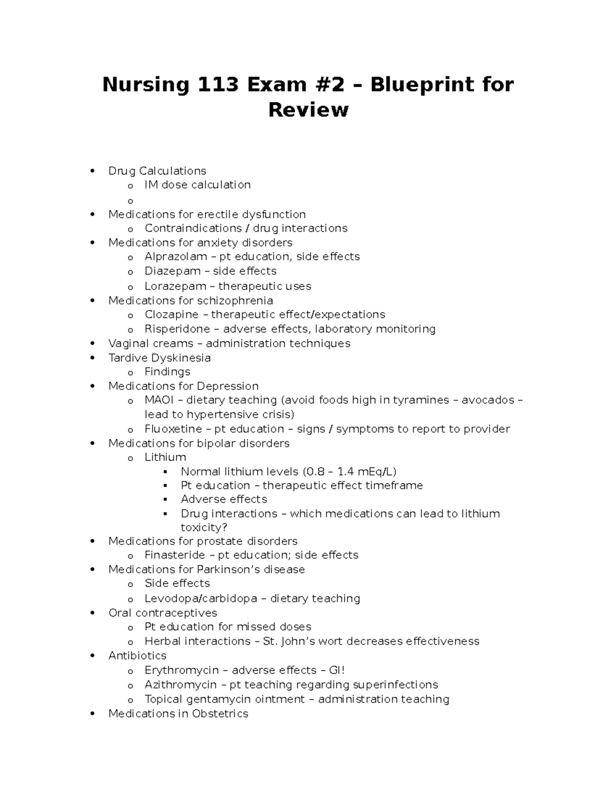 Nursing 113 Exam #2 Review Blueprint: Key Medications & Dosages - Studocu