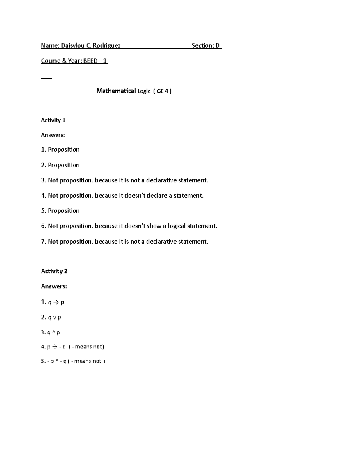 BEED-1: Mathematical Logic Activity Answers & Exercises - Studocu