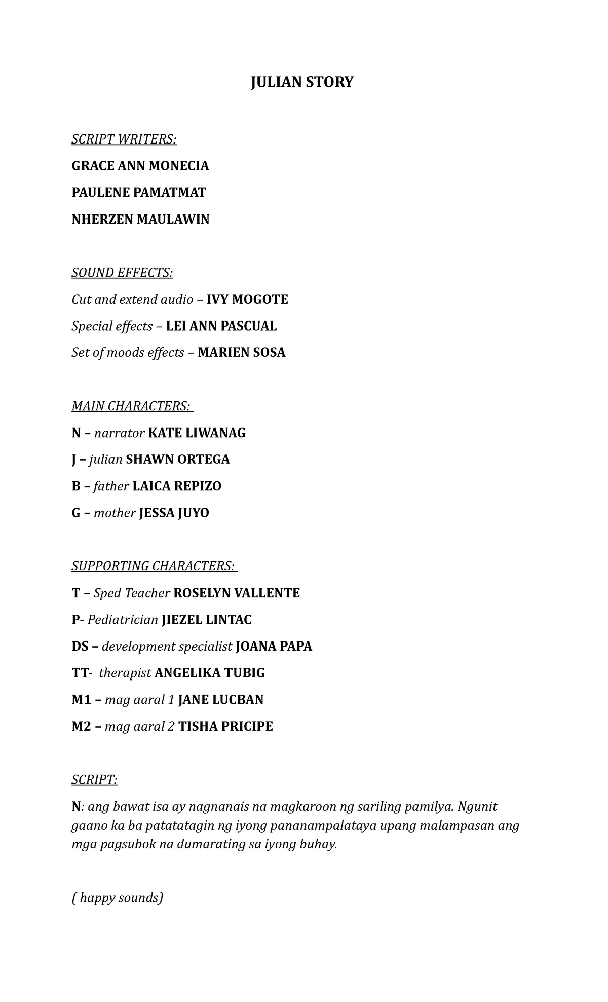 Julian's story, radio drama script with lines. - Filipino - LSPU - Studocu