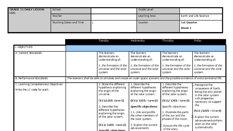 EALS-DLL WEEK 1: EARTH AND LIFE SCIENCE LESSON LOG - Studocu