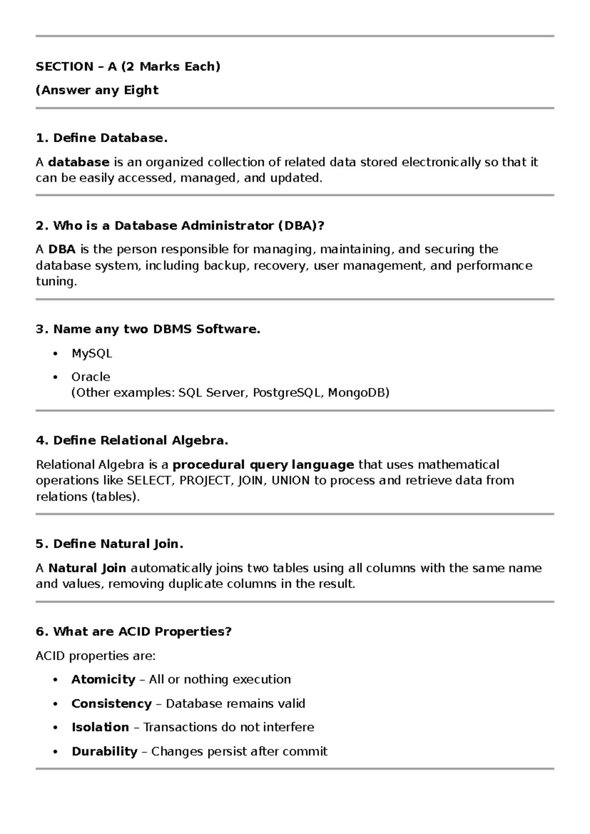 DBMS 101: Section A & B Exam Review Notes - Studocu