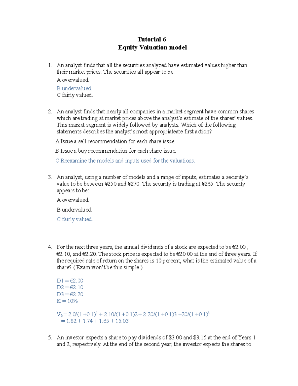 Equity Valuation Tutorial 6: PM Questions & Analysis - Studocu