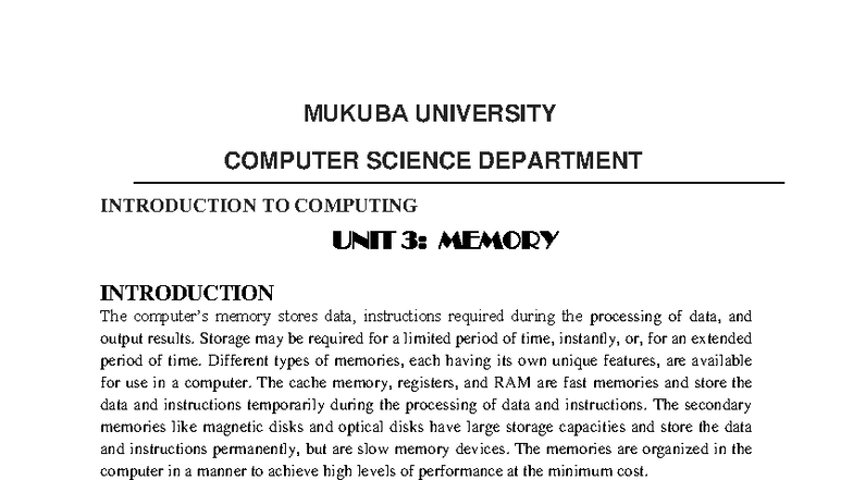 MUKUBA UNIVERSITY CS 101: Unit 3 - Understanding Computer Memory - Studocu