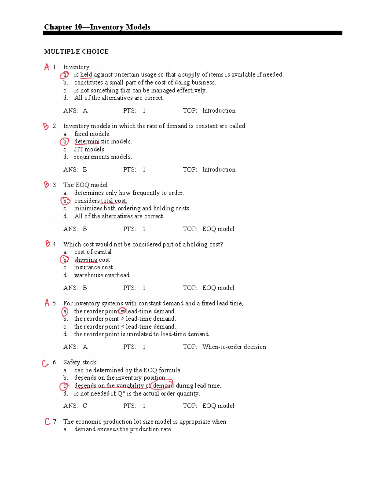 Chapter 10 - Inventory Models: Multiple Choice & Short Answer - Studocu