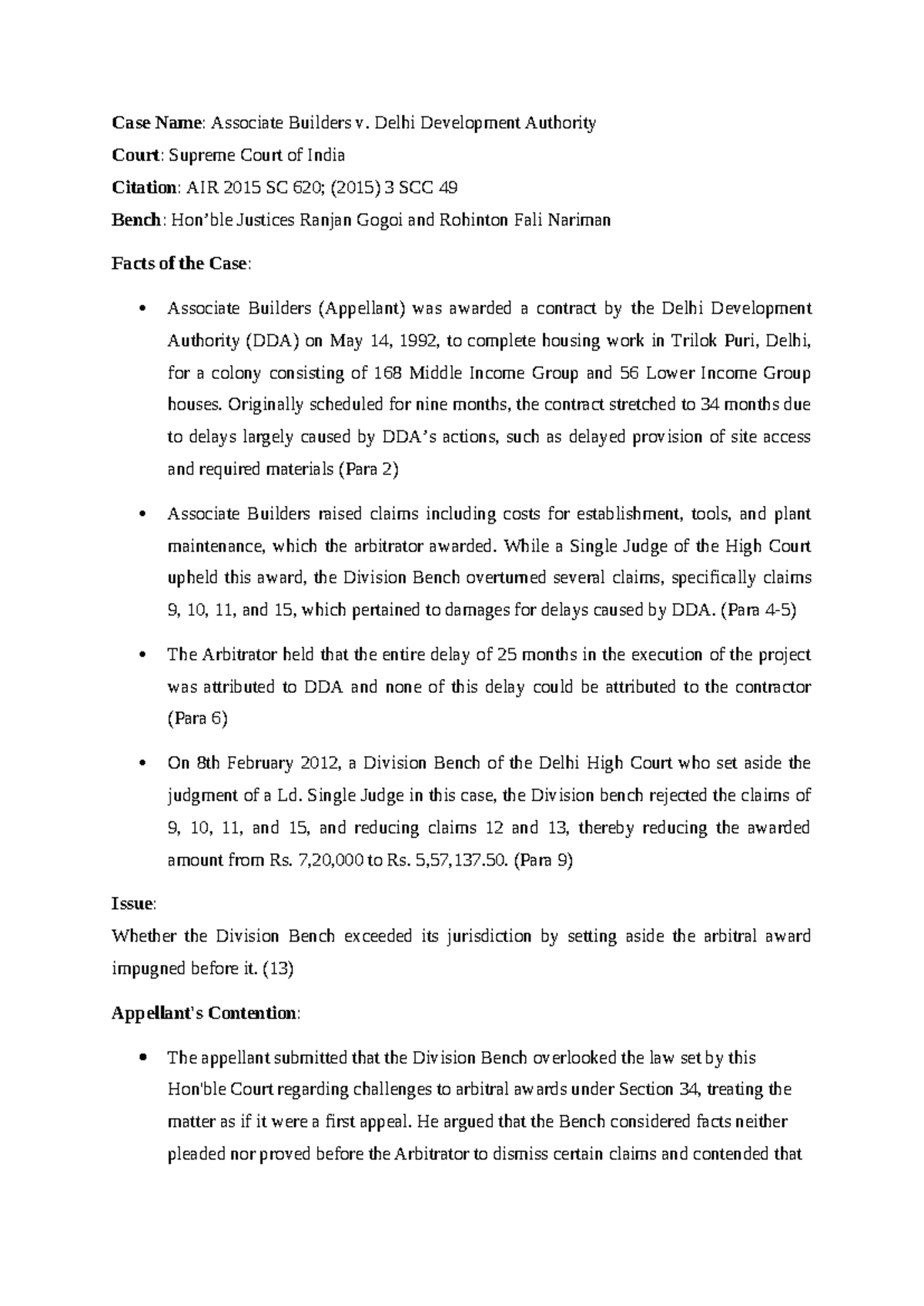Supreme Court Case Study: Associate Builders v. DDA (AIR 2015 SC) - Studocu