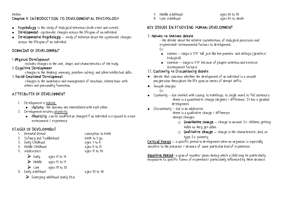 DEVELOPMENTAL PSYCHOLOGY SUMMARY NOTES (Complete) - Prelim Chapter 1 ...