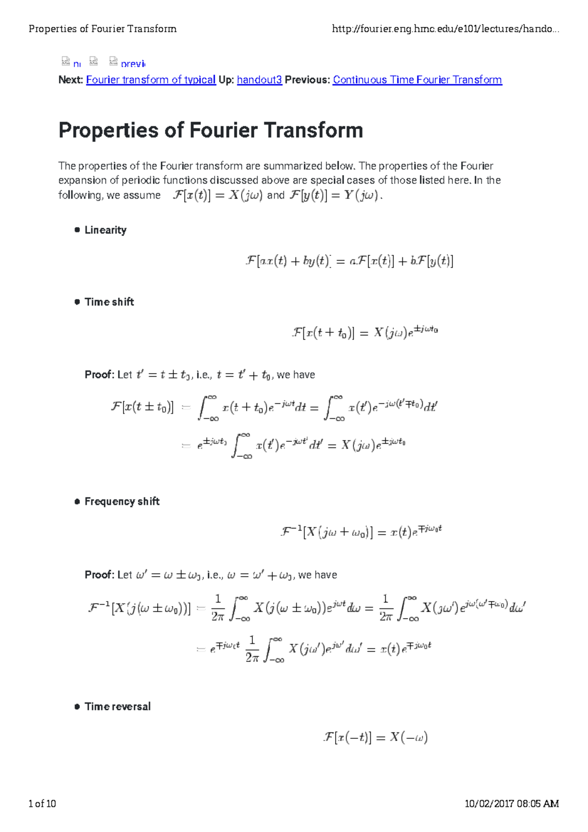 Properties of Fourier Transform - next previous Next: Fourier transform of typical Up: handout3 ...
