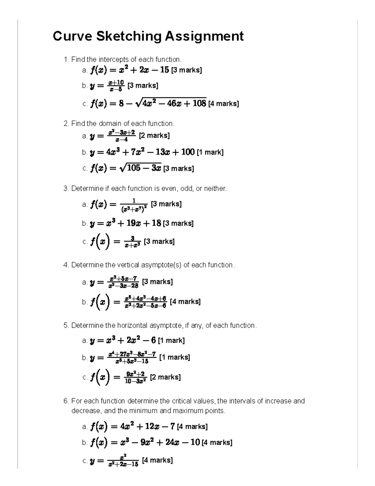 Curve Sketching Assignment 1: Intercepts, Asymptotes & Critical Points ...
