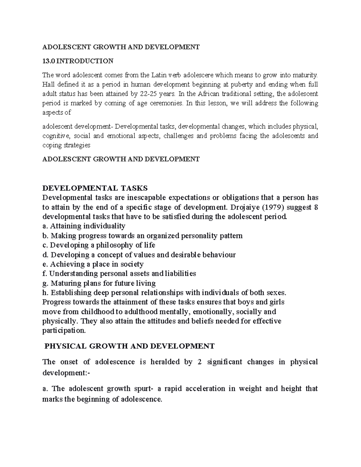 ADO 13.0: Adolescent Growth and Development Overview - Studocu