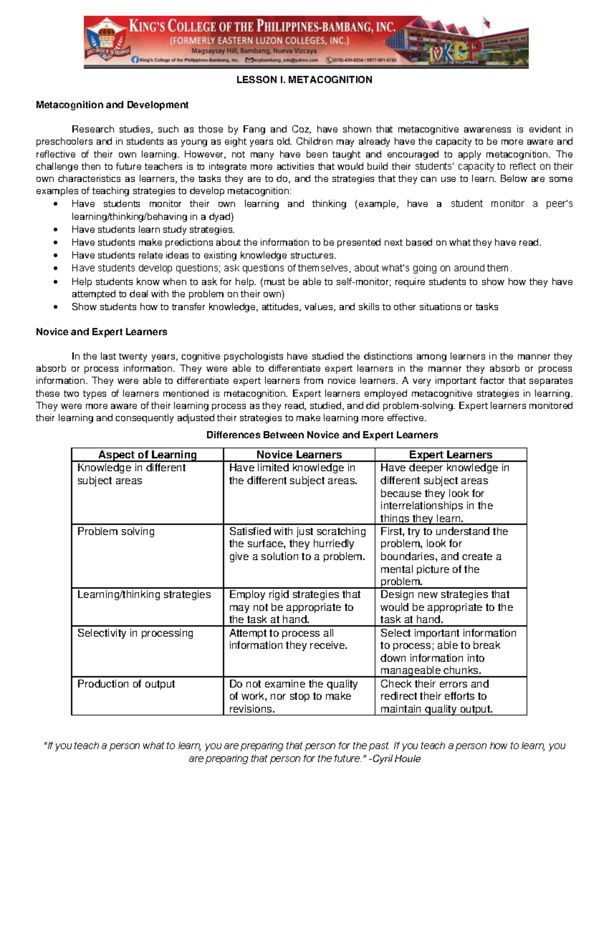 LESSON I. METACOGNITION AND LEARNING STRATEGIES - Studocu