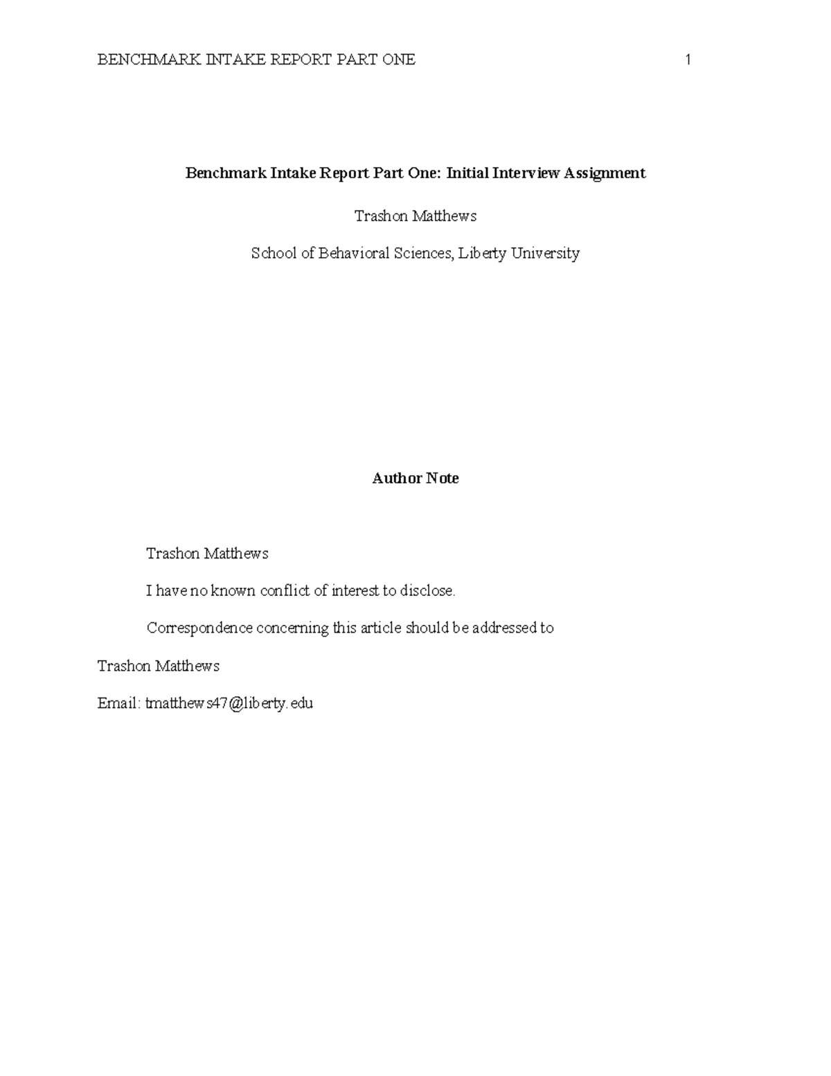 Benchmark Intake Report Part One: Initial Interview of John W. - Studocu