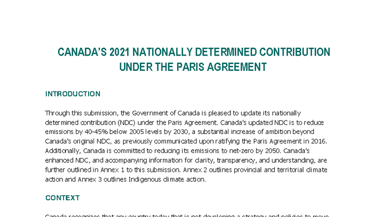 Canada's Enhanced NDC Submission 2021: Pathway to 2030 Goals - Studocu