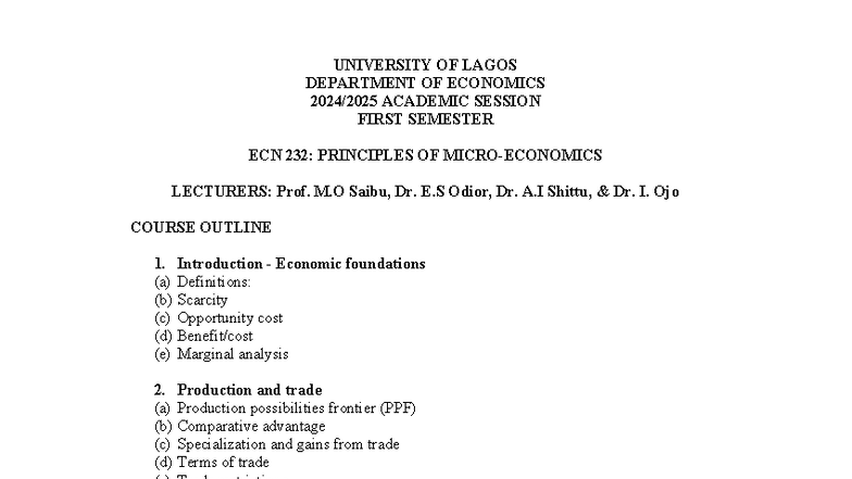 ECN 232: Principles of Economics Course Outline - First Semester - Studocu