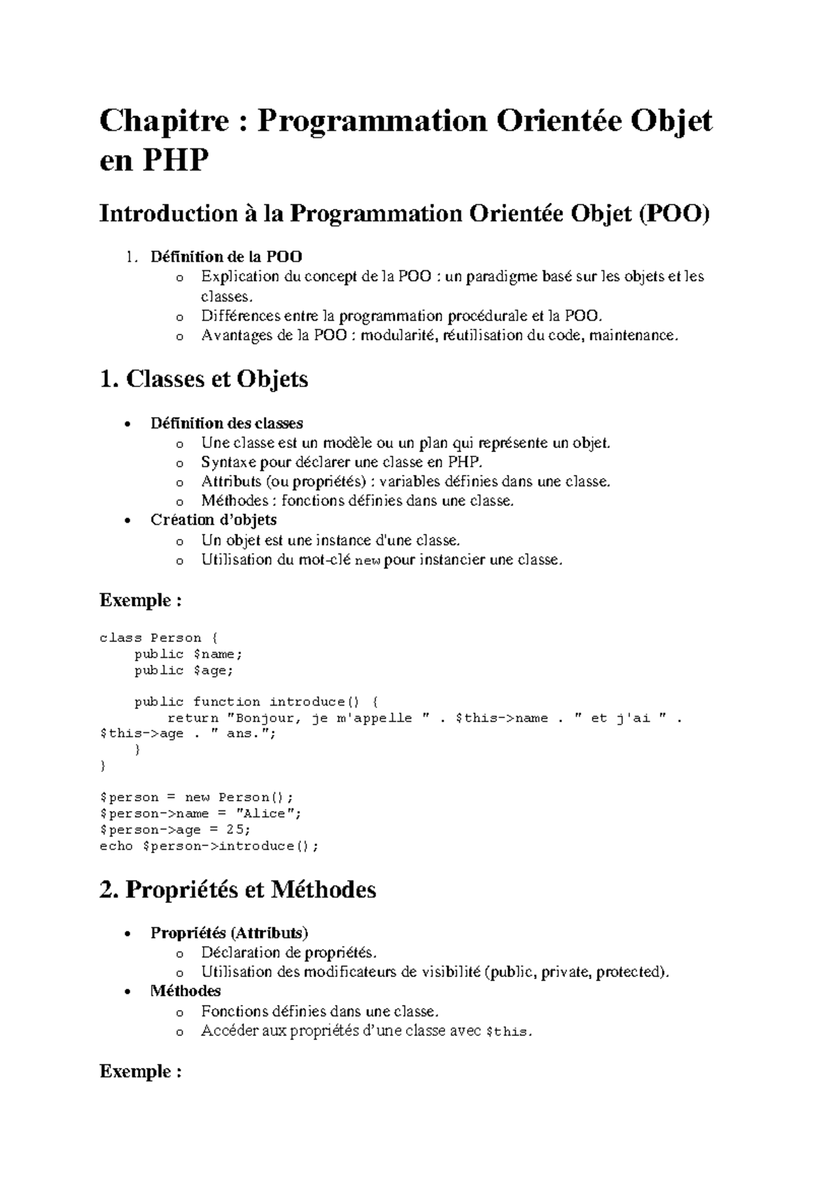 Chapitre : POO en PHP - Introduction à la Programmation Orientée Objet ...