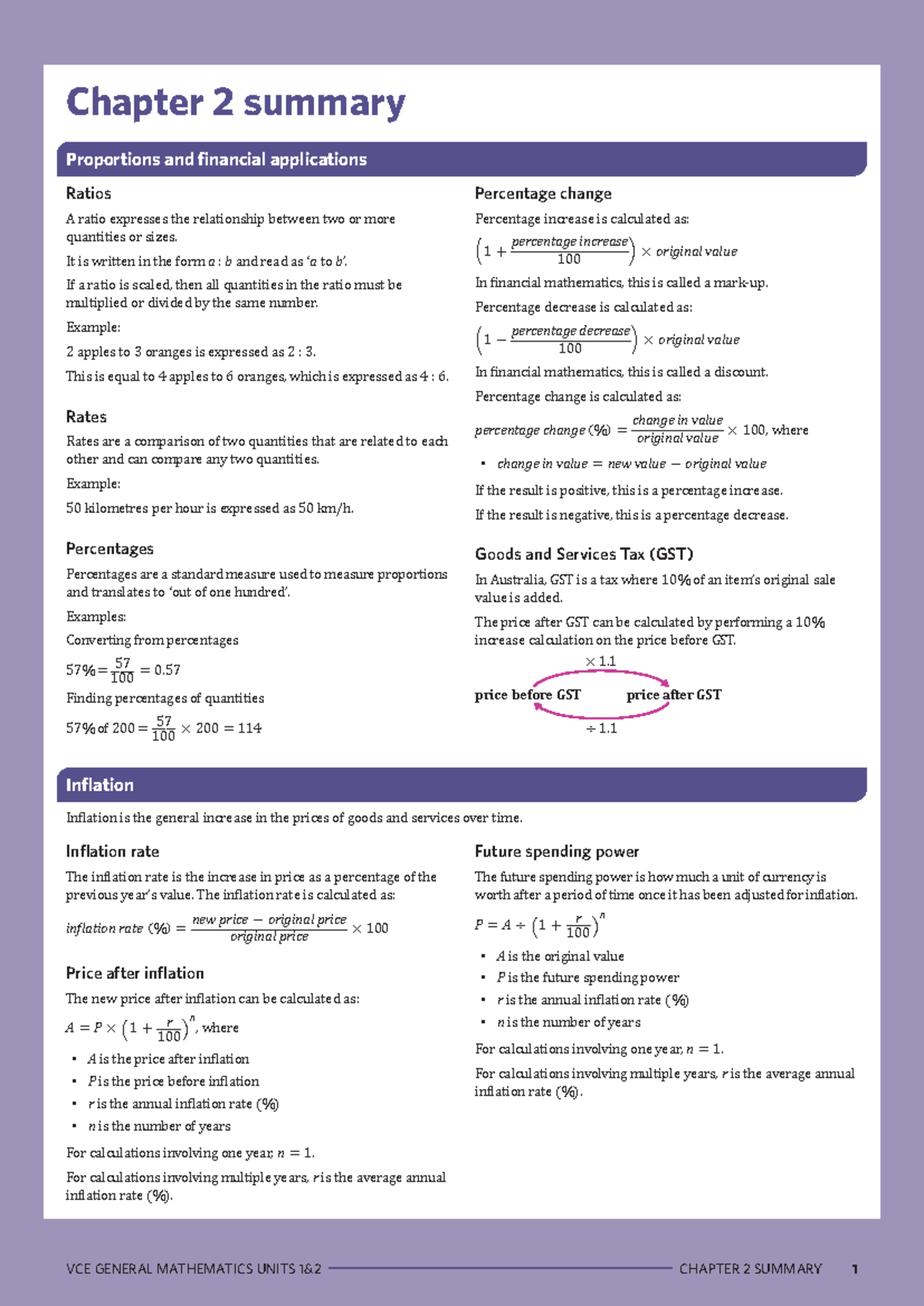 VCE General Mathematics Units 1&2: Summary of Chapter 2 Concepts - Studocu