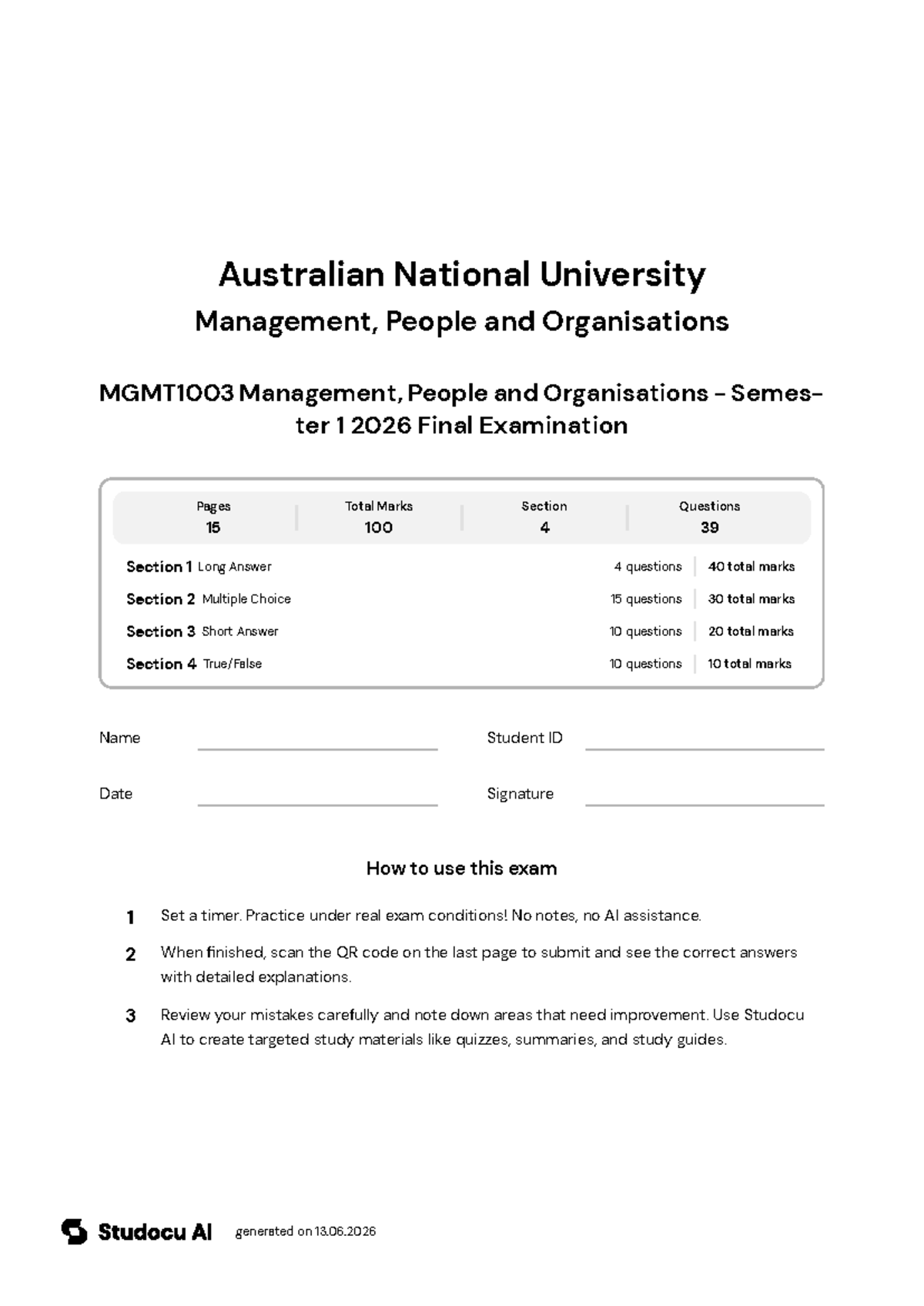 MGMT1003 Management Final Exam - Semester 1 2026 - Studocu