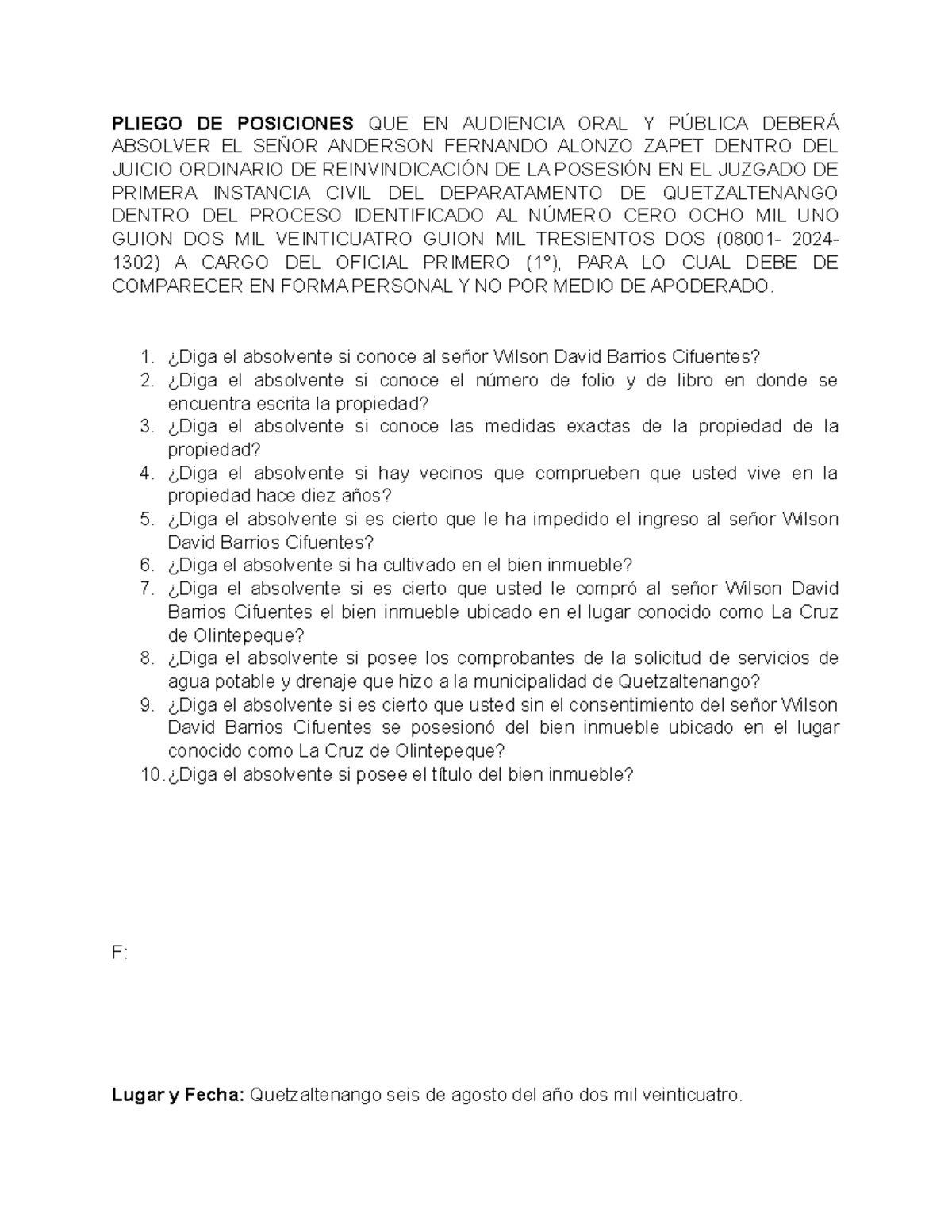 PLIEGO DE POSICIONES EN JUICIO ORDINARIO 20241302 - ANDERSON FERNANDO ...