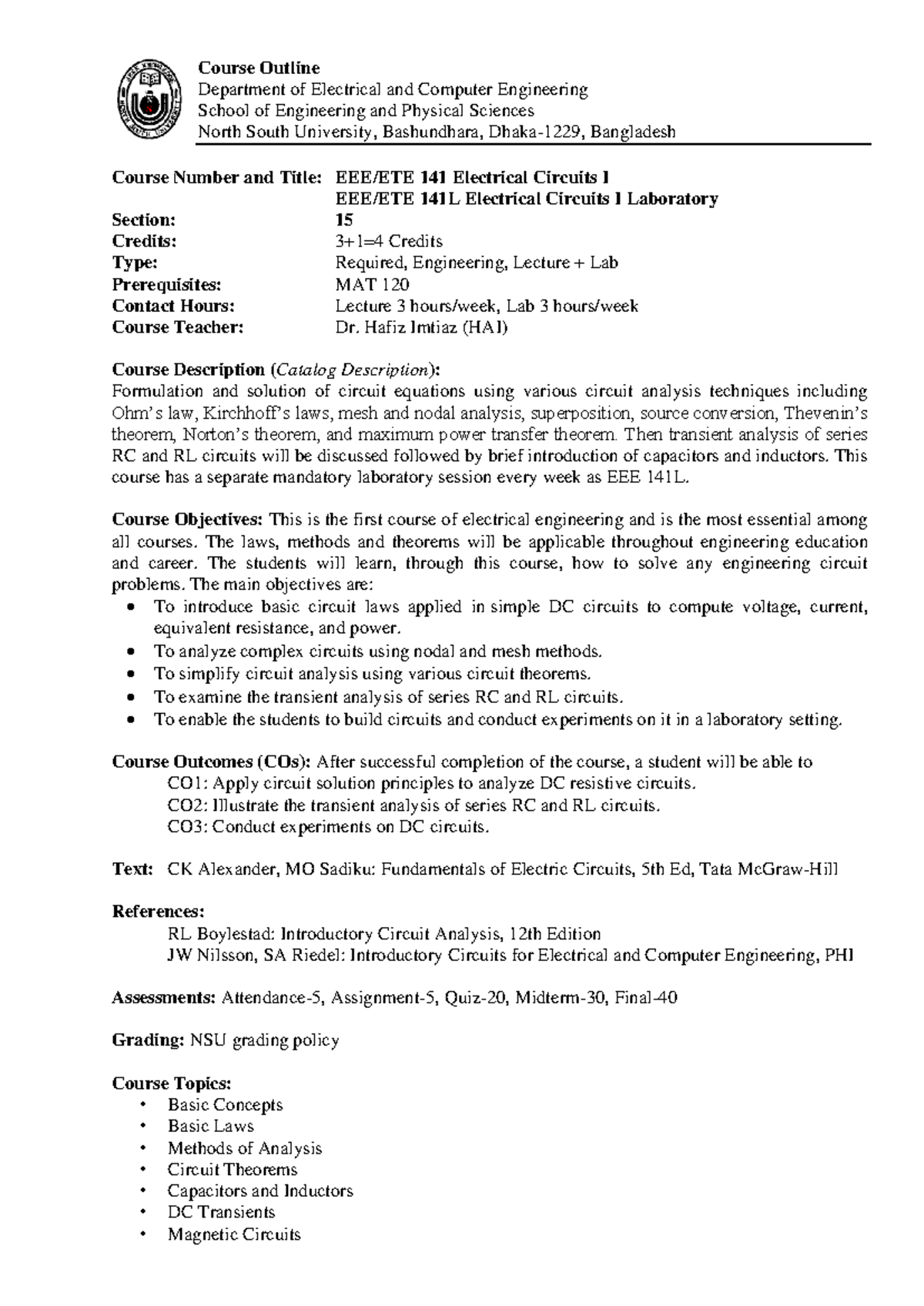 EEE141 - Electrical Circuits I Course Outline and Lab Details - Studocu