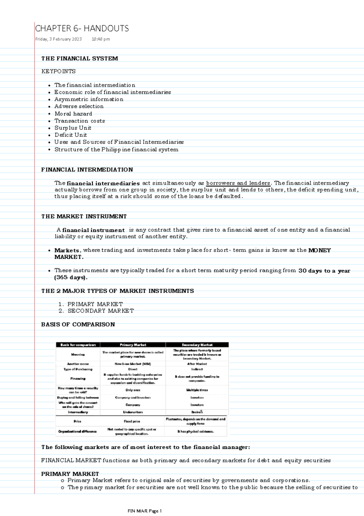 Chapter 6- Handouts - THE FINANCIAL SYSTEM KEYPOINTS The financial ...
