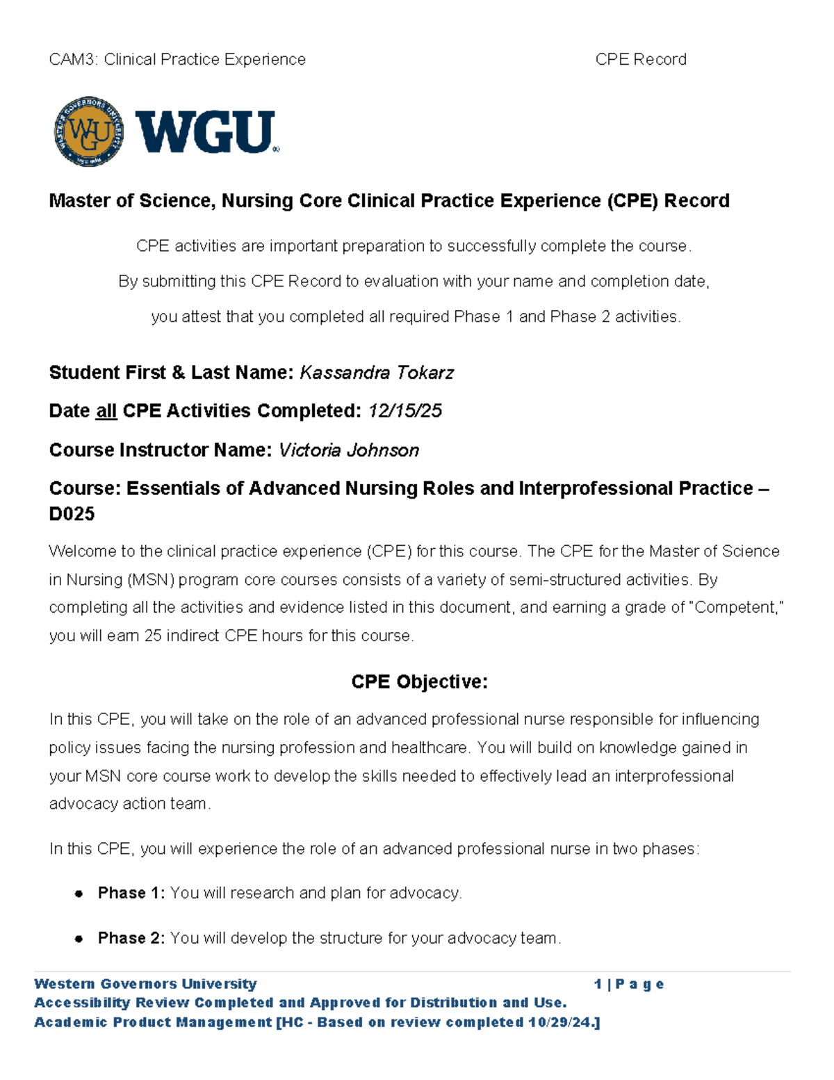 CAM3: CPE Record for D025 - Clinical Practice Experience in Nursing ...