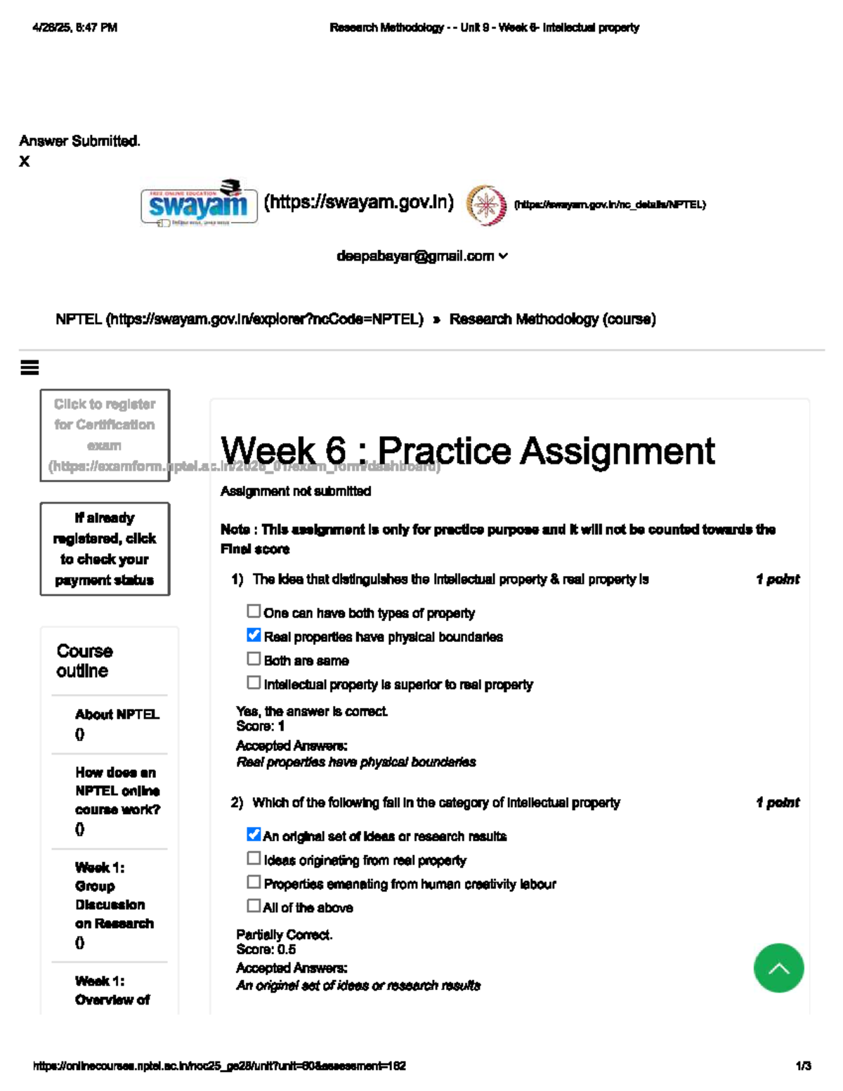 NPTEL Research Methodology (Unit 9) Week 6 Practice Assignment on IP - Studocu