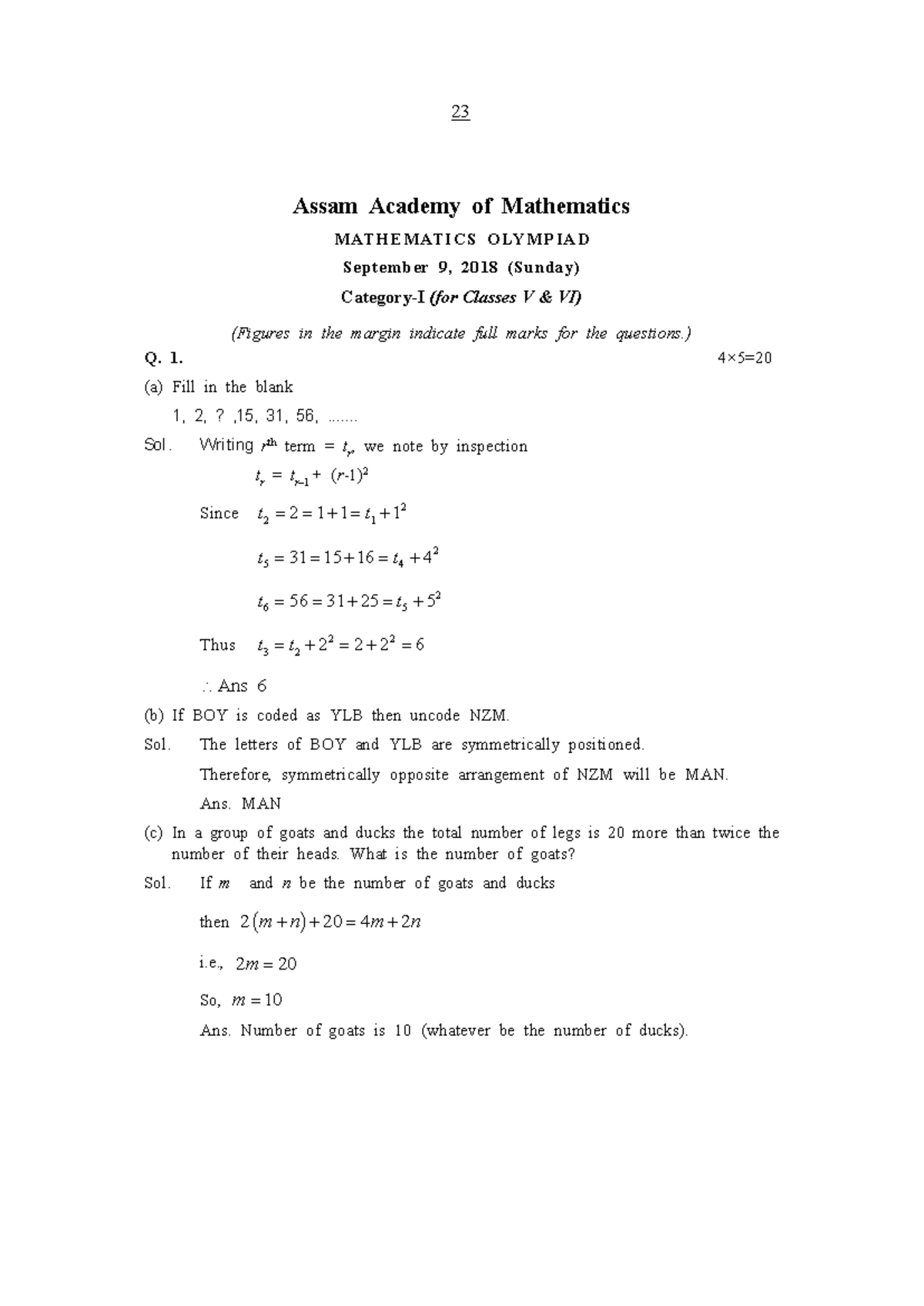 2018 MATHEMATICS OLYMPIAD (Class V & VI) - Question Paper - Studocu