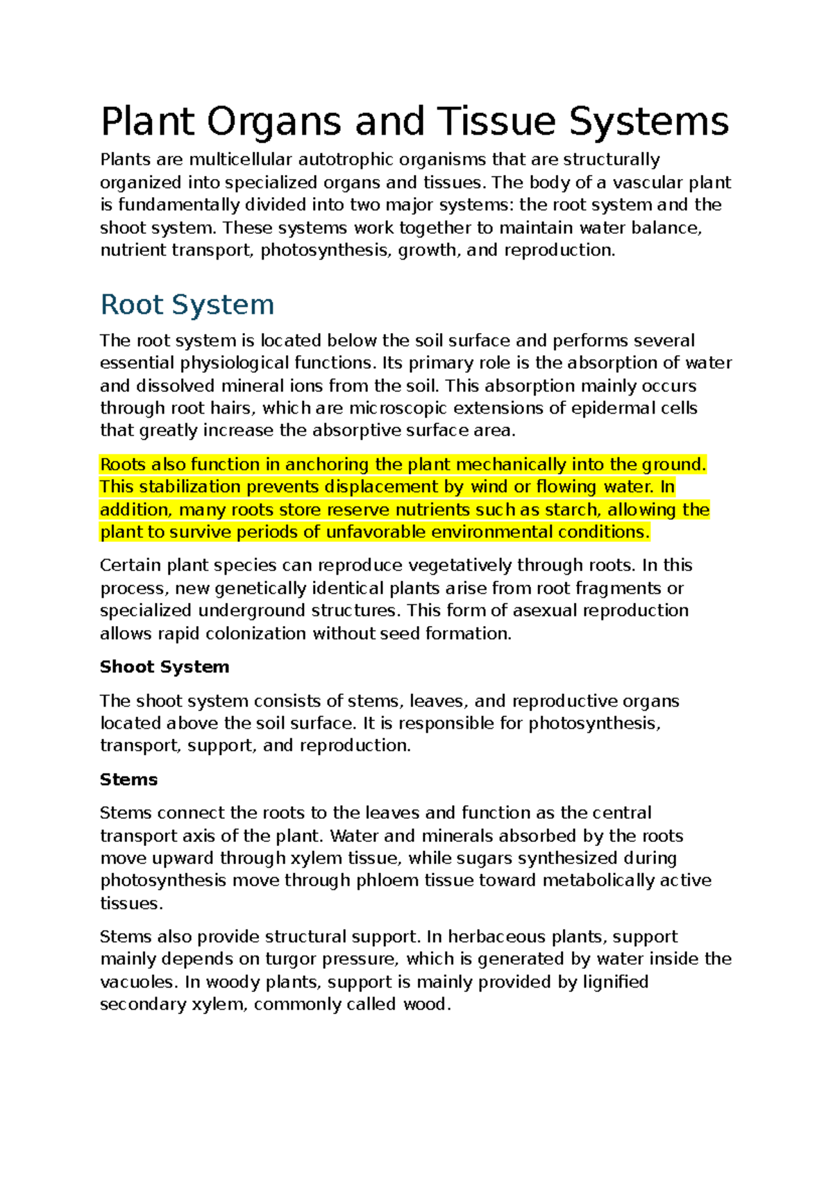 Plant Organs and Tissue Systems: A Comprehensive Overview 1 - Studeersnel