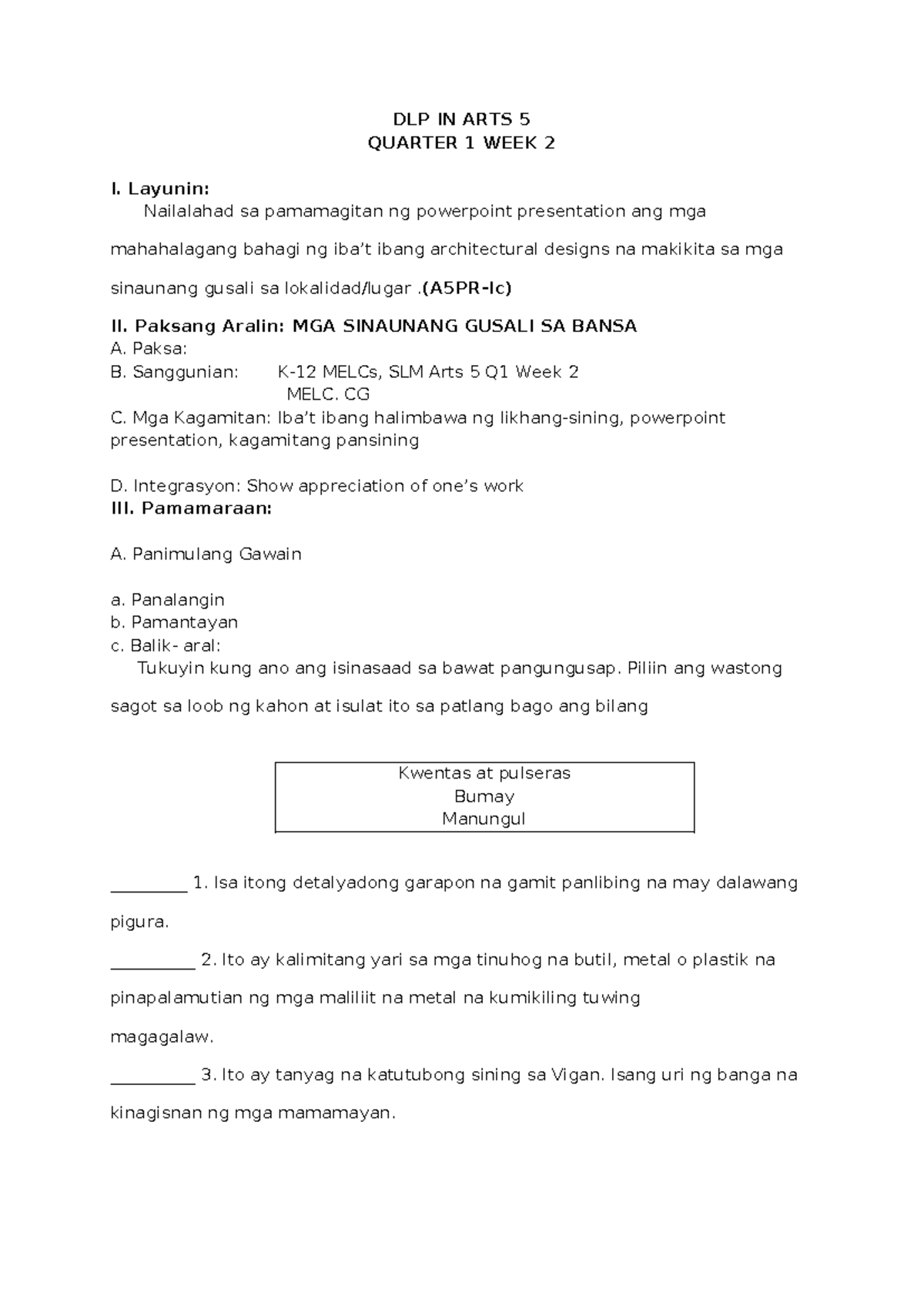 Arts 5 - Q1 Wk 2 - Architectural Designs of Ancient Structures - Studocu