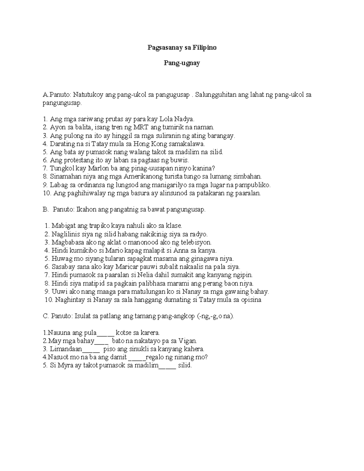 Q1 Week 3 Filipino Pang-ugnay Worksheet - Studocu