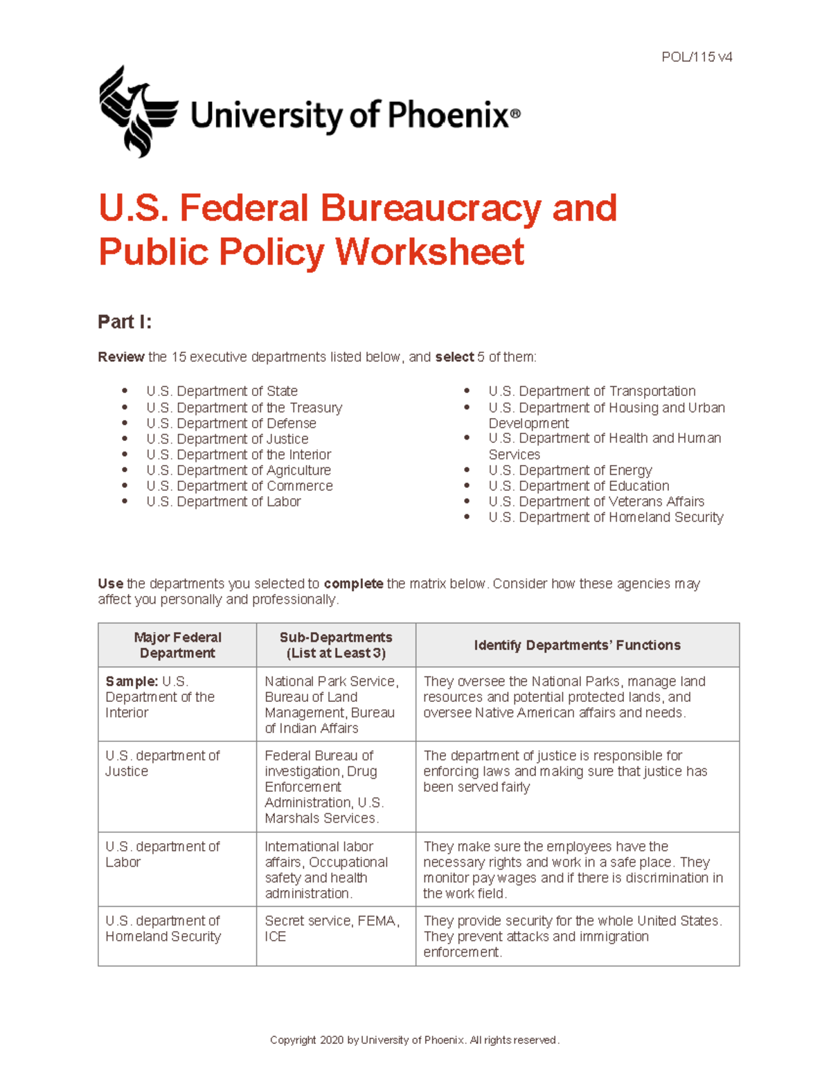POL115 v4 wk4 U - Worksheet - POL/115 v U. Federal Bureaucracy and ...