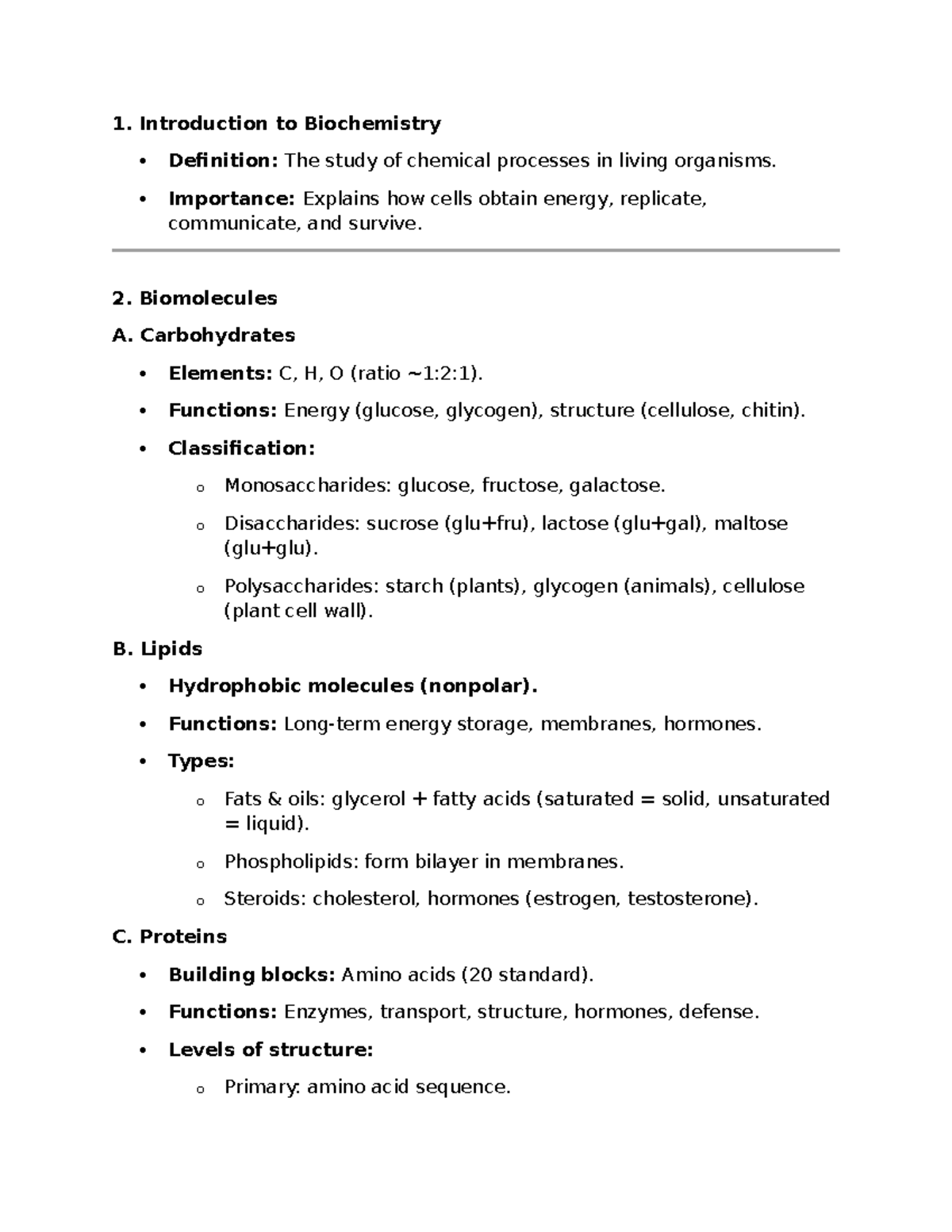 Biochem 101: Key Concepts and Notes on Biomolecules and Enzymes - Studocu