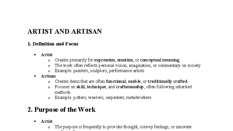 ART 101: Artist vs. Artisan - Definitions and Roles in Art - Studocu