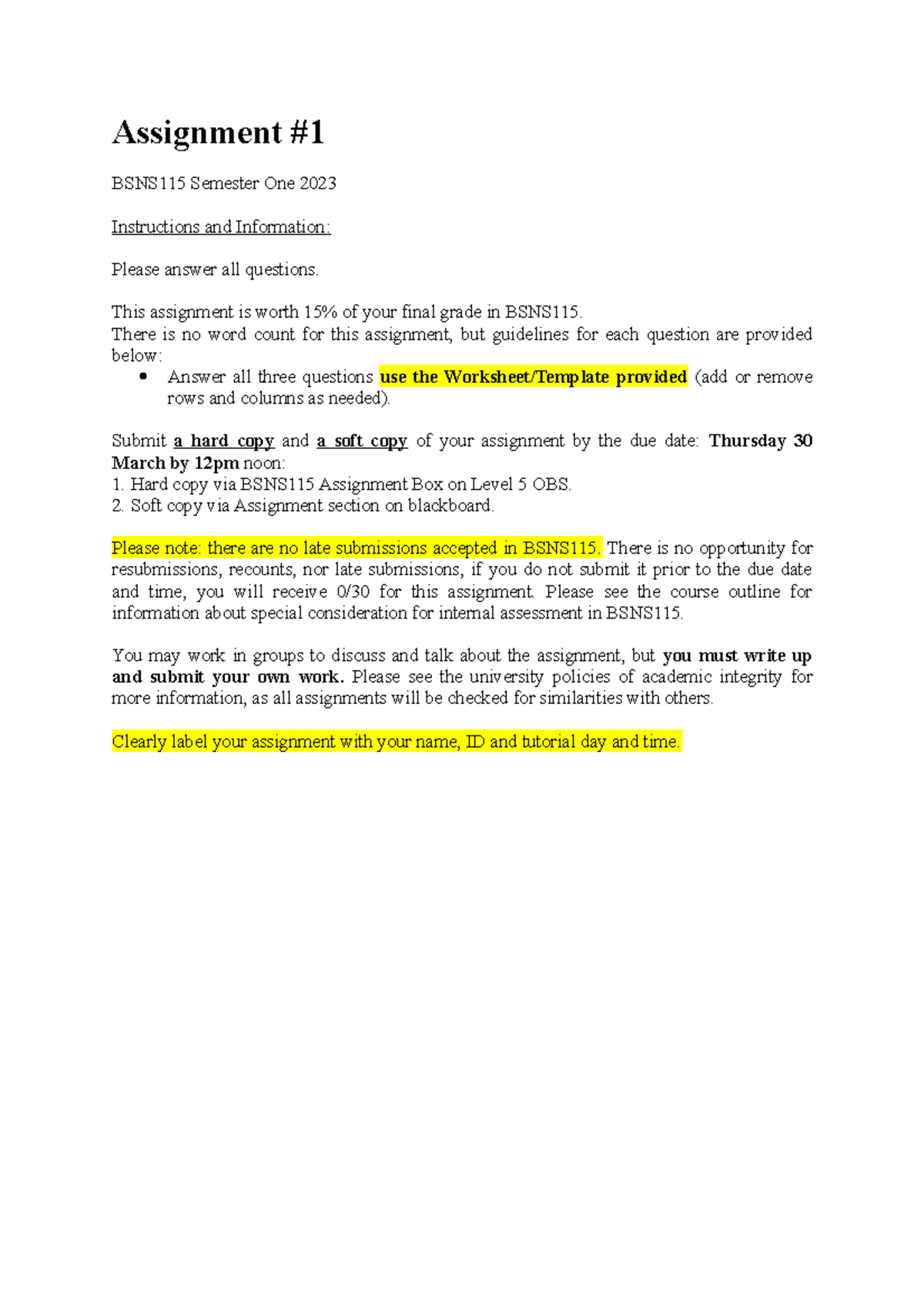 BSNS115 - Assignment 1 Instructions & Questions for Semester 1 2023 ...
